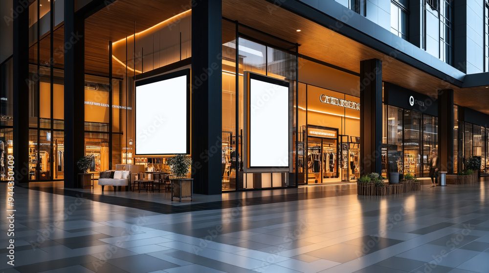 Modern shopping mall entrance with illuminated storefronts and large ...