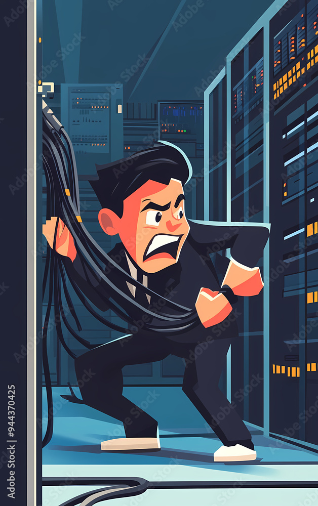 Angry system administrator in a data center struggling with tangled ...