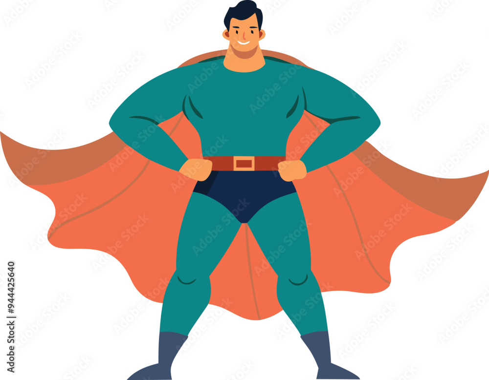 Confident superhero figure in costume standing with hands on hips ...