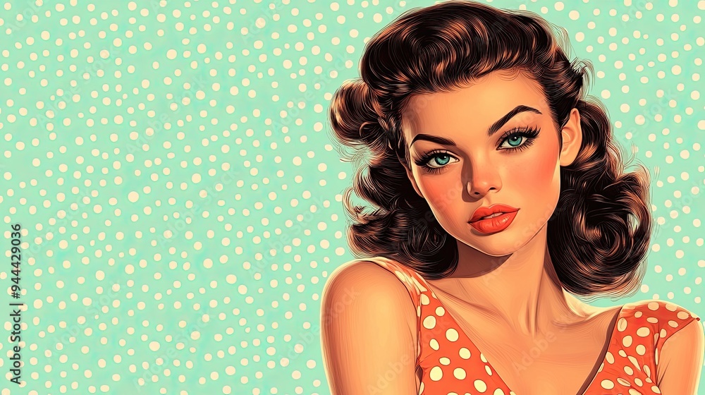 A 1950s pin-up girl illustration with a playful pose and a retro polka ...