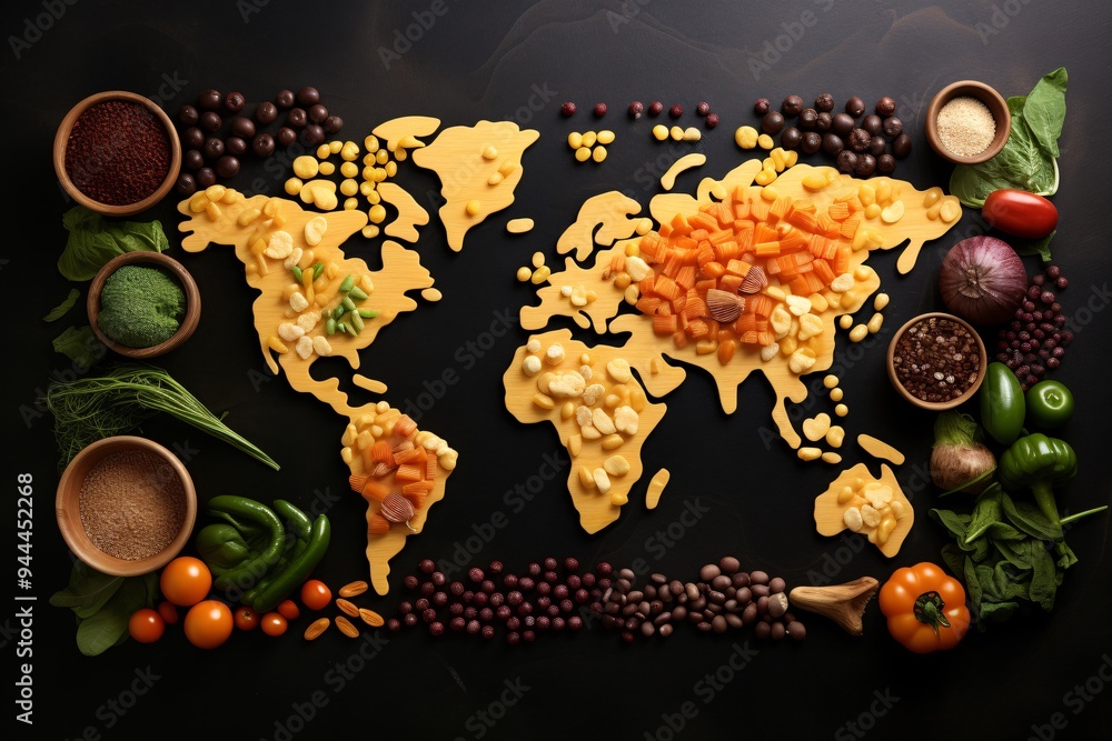 World map made of different spices and herbs on dark background, top ...