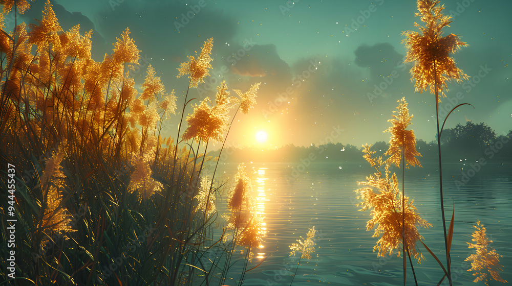 A riverbank where 2D sketches of reeds blend into 3D vibrant greenery ...