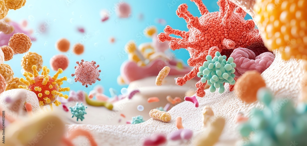 An illustration of immune cells attacking the intestinal lining ...