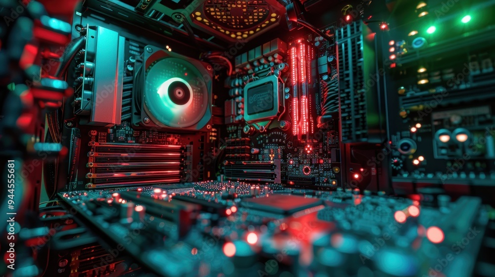 Computer circuit board and CPU cooling fan Inside a high-performance ...