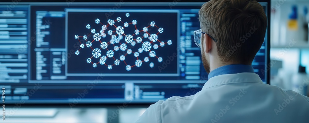 Scientist in a lab examining a detailed 3D model of a molecule on a ...