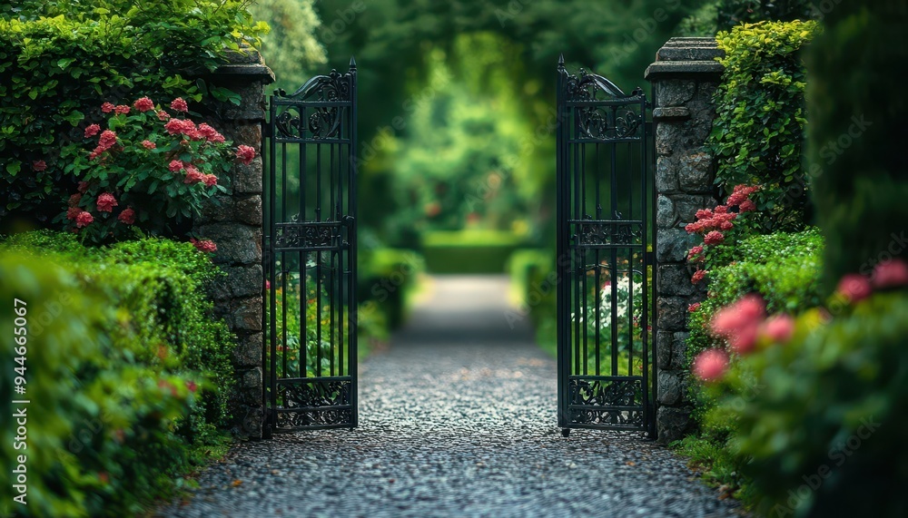 Iron gate opening to a lush garden path, with a focus on elegance and ...