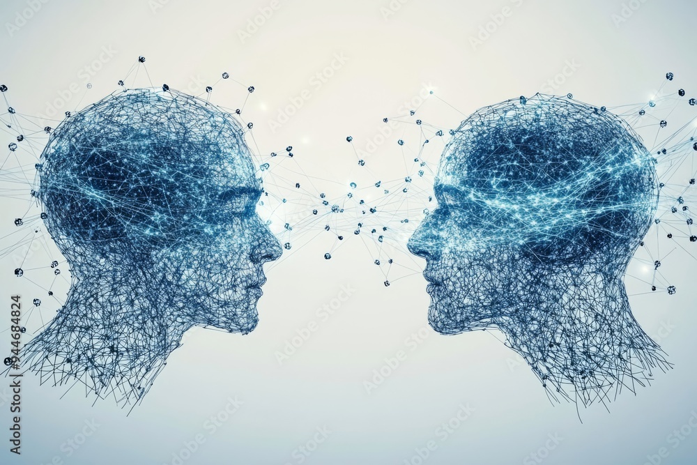 Surreal digital art of two human profiles dissolving into particles symbolizing mental ...