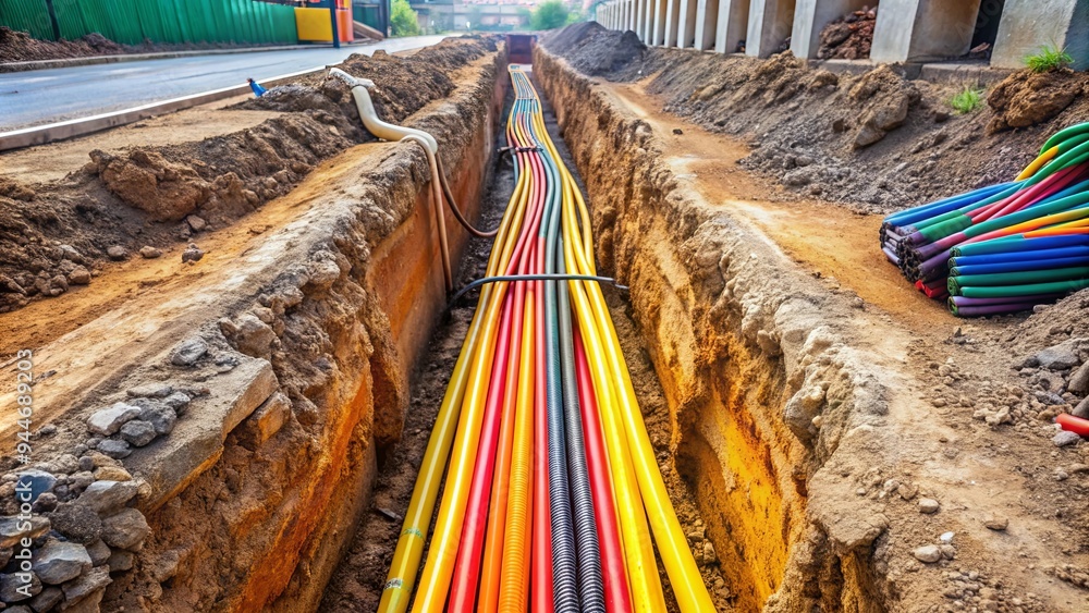 Underground excavation for installation of optical cable in a trench ...