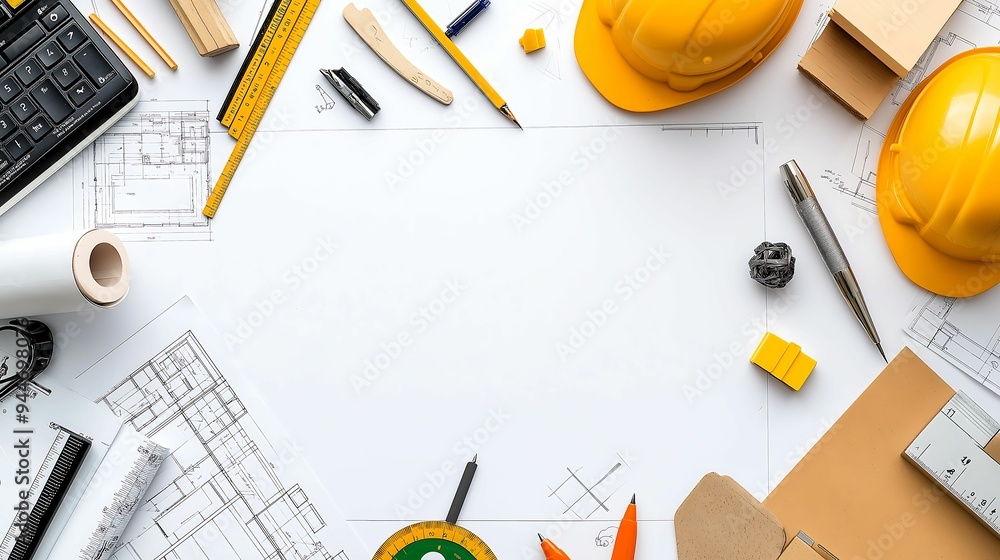 An overhead view of a blueprint on a table surrounded by technical ...