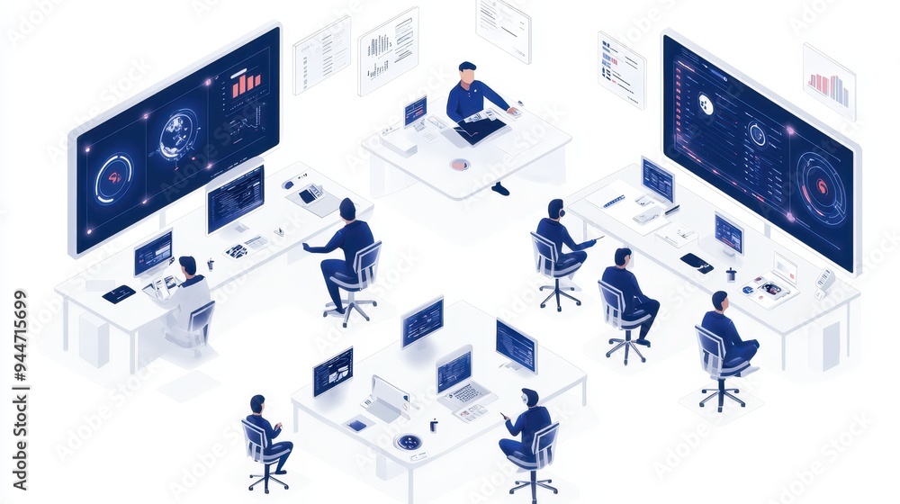 Isometric Illustration of Team Working on Data Analysis with Monitors Showing Charts and Graphs ...
