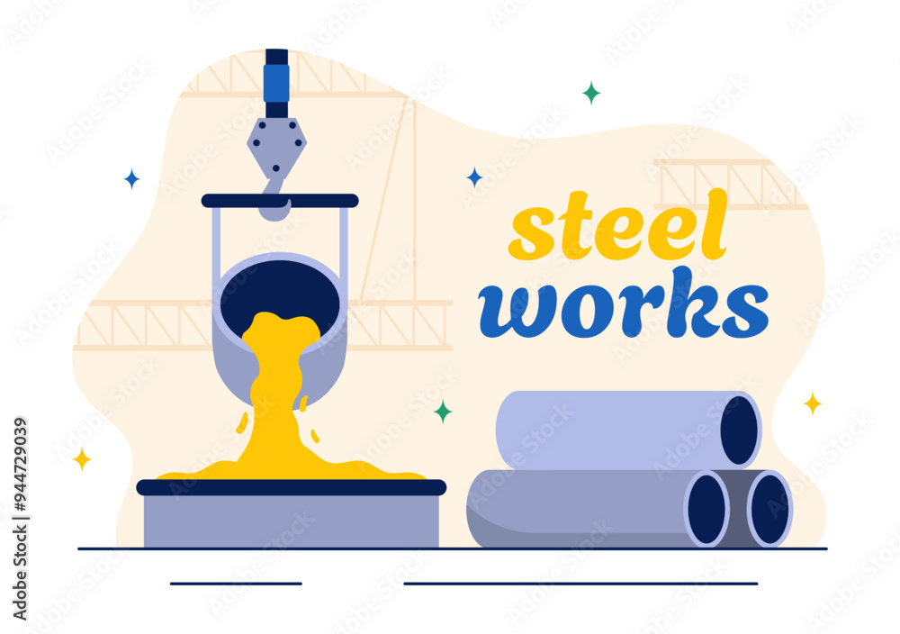 Steelworks Vector Illustration with Resource Mining, Smelting of Metal ...