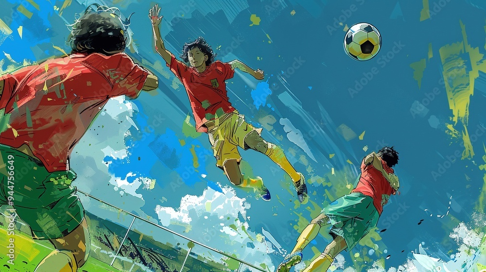 Storyboard-style sketch, with a classic and relaxed style of a soccer ...