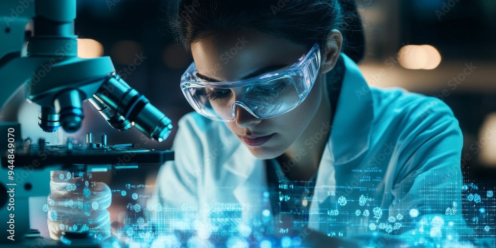 a scientist studying cells under a microscope, with digital overlays ...