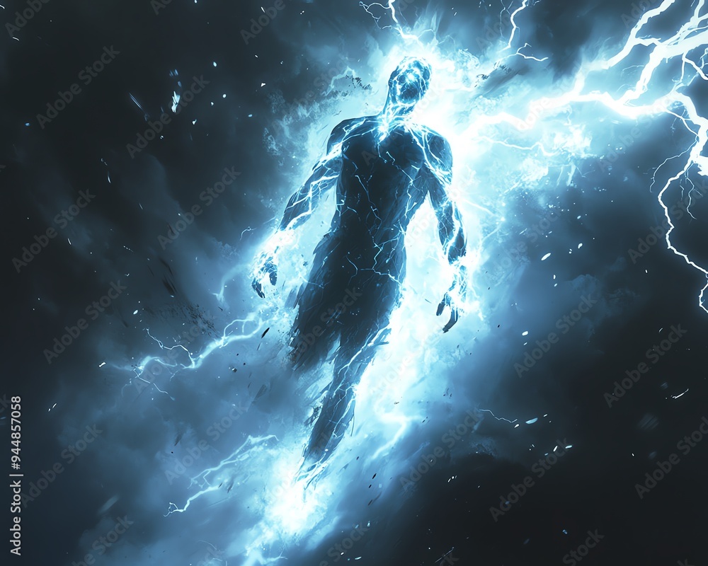 A bright human figure with a glowing aura, slashing white lightning ...