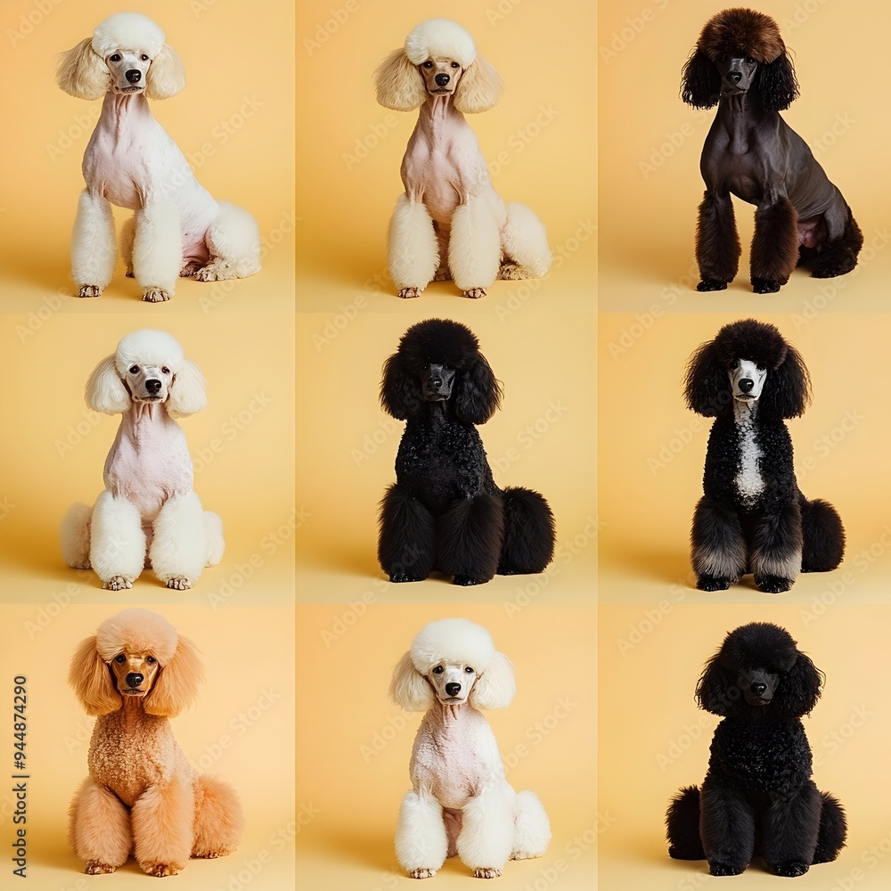 Variety of Poodle Breeds Posed on Soft Yellow Background in ...
