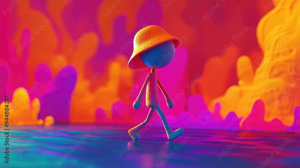 2D cartoon style stick figure in a leather bucket hat walking in a ...