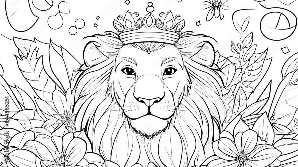 2D cartoon style coloring sheet designed for children featuring a lion ...