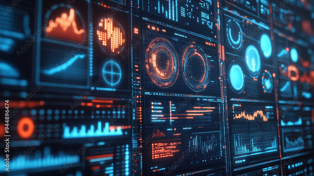 Futuristic digital dashboard displaying complex data visualizations with vibrant blue and orange ...