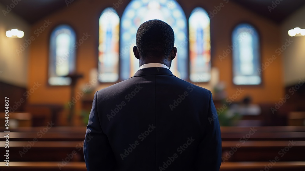 Pastor facing altar in empty church, back view of clergy member ...