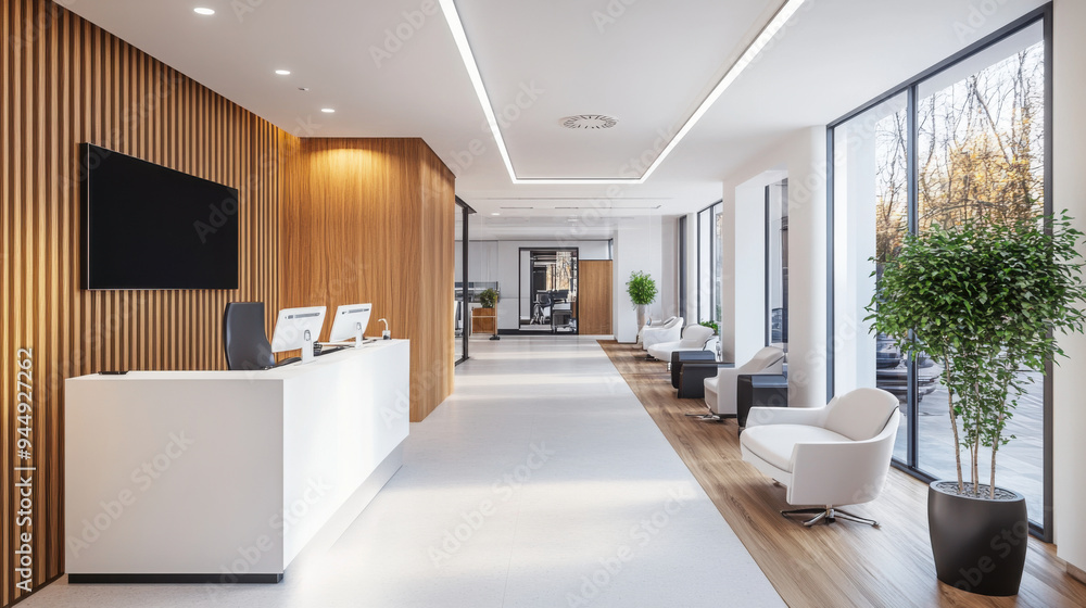 Modern office lobby featuring a reception desk, seating area, and large ...