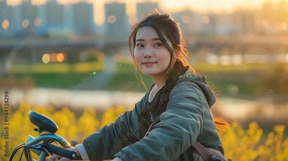 A beautiful photo of a Korean model riding a bike by the Han River ...