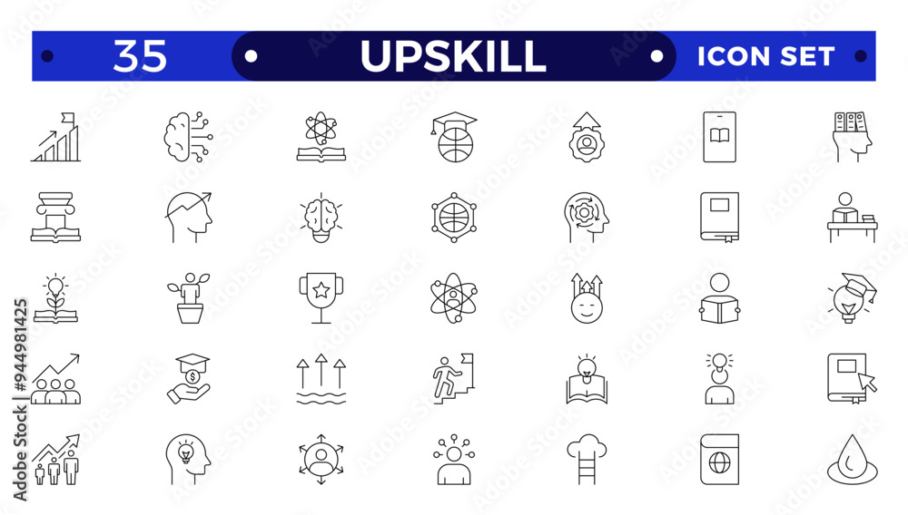 Set of Outline icons related to upskill, upskilling, personal growth ...