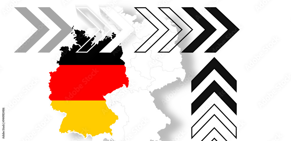 simplified map of Germany, outline map black red yellow, shadow ...