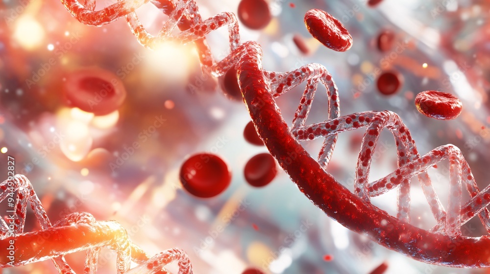 Abstract visual of red blood cells and DNA strands inside an artery ...