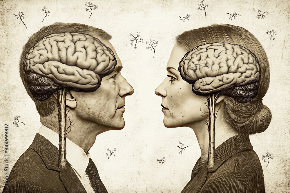 Vintage scientific illustration of a male and female profile showcasing ...