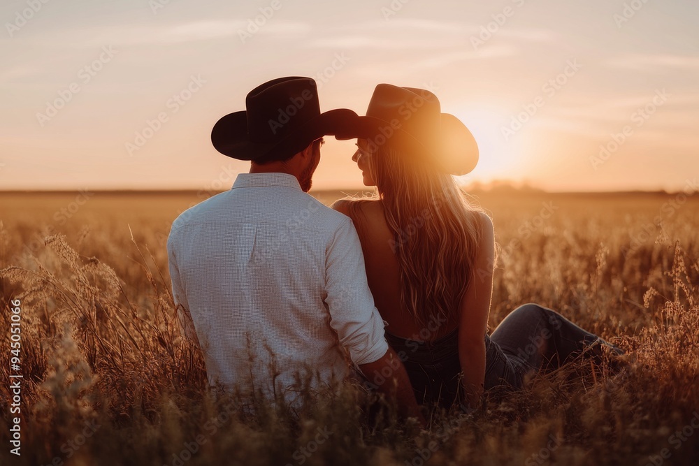 Romantic couple kissing in a field at sunset symbolizing love ...