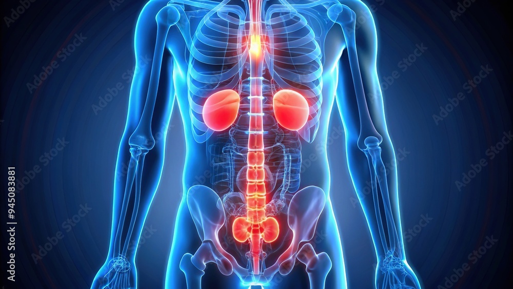 A 3D illustration of the human urinary system highlighting the kidneys ...