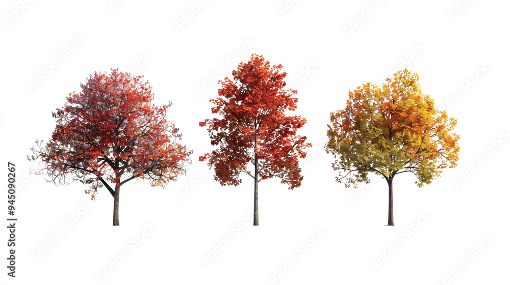 Three trees with different colored leaves, one is yellow, one is red on ...