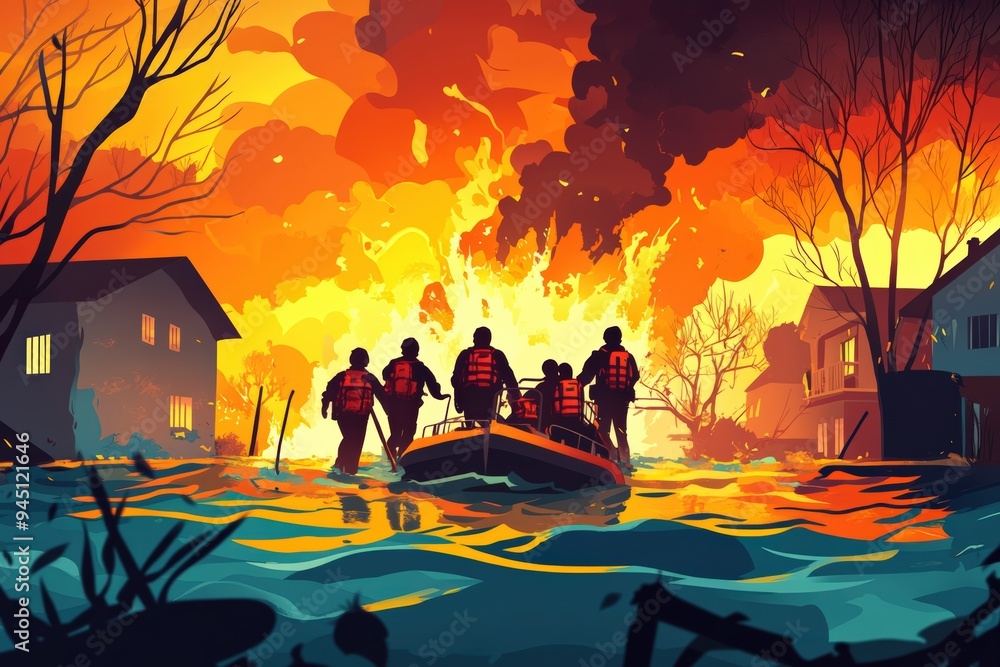 Emergency evacuation victims of natural disasters, flood, earthquake ...