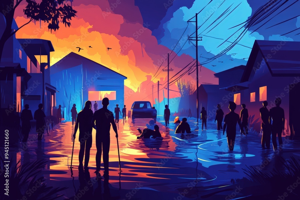 Emergency evacuation victims of natural disasters, flood, earthquake ...