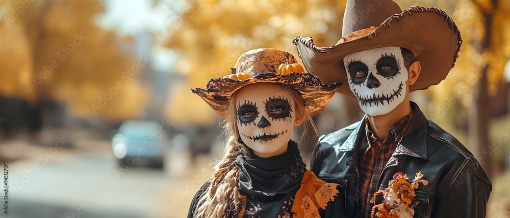 Stock-Foto „Spooky Cowboy and Cowgirl in Halloween Costume on City ...