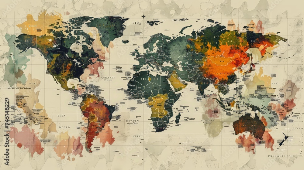A world map overlayed with demographic data. The map displays ...