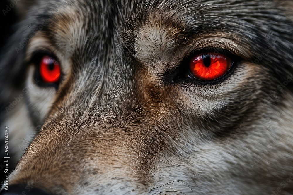 scary wolf with red eyes in a gloomy night forest shrouded in mist ...