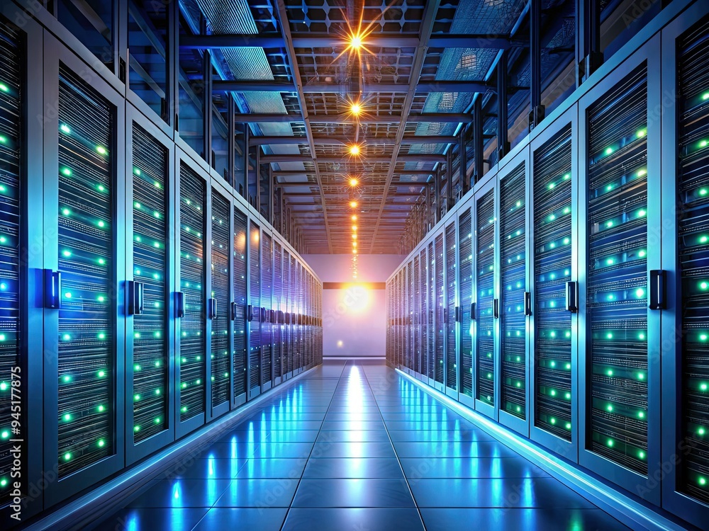 Eco-friendly data center illuminated by soft ethereal glow showcasing ...