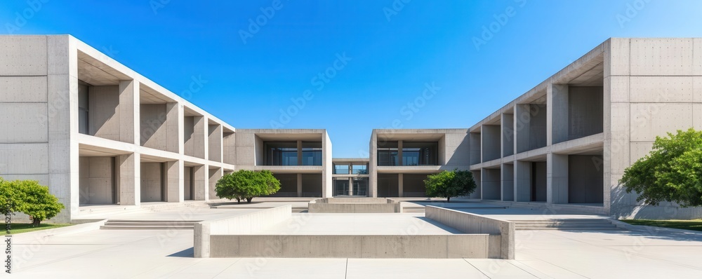 A university campus with brutalist lecture halls and concrete walkways, Neo Brutalism ...