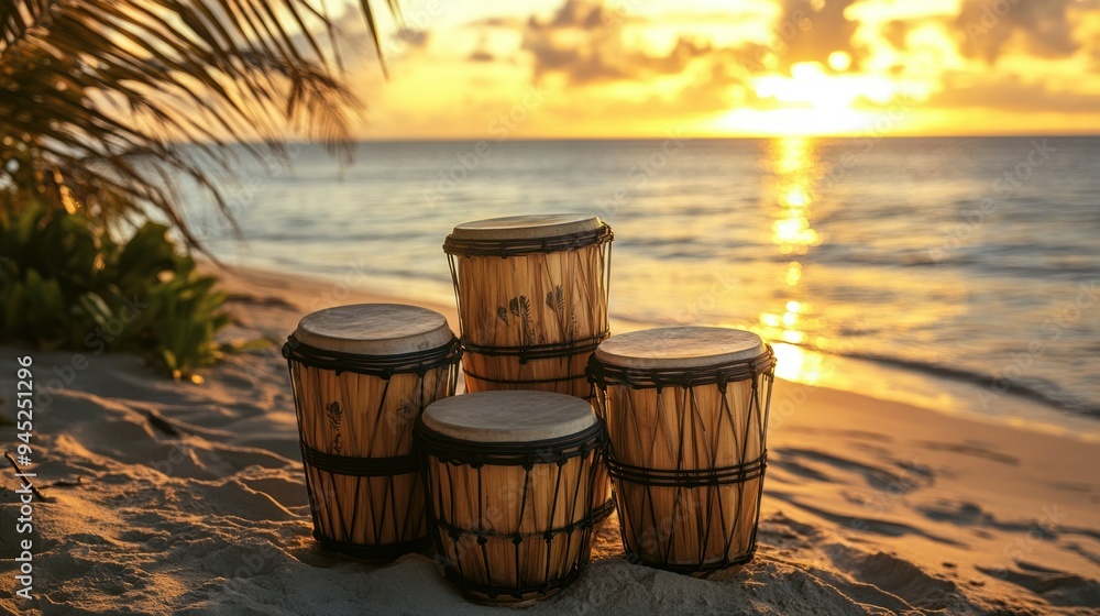 Visualize a set of bamboo drums arranged on a sandy beach at sunset ...
