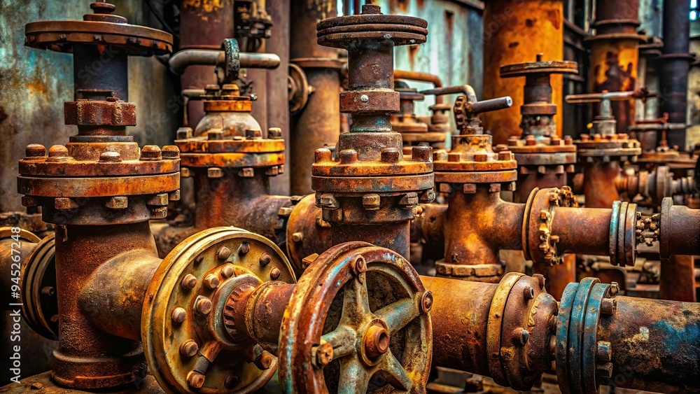 10. Abandoned, burnt umber-painted, old, industrial pipes, covered in ...