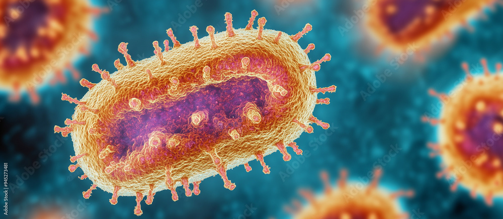 Mpox (monkey pox) virus flow with DNA inside. Close-up view of mpox ...