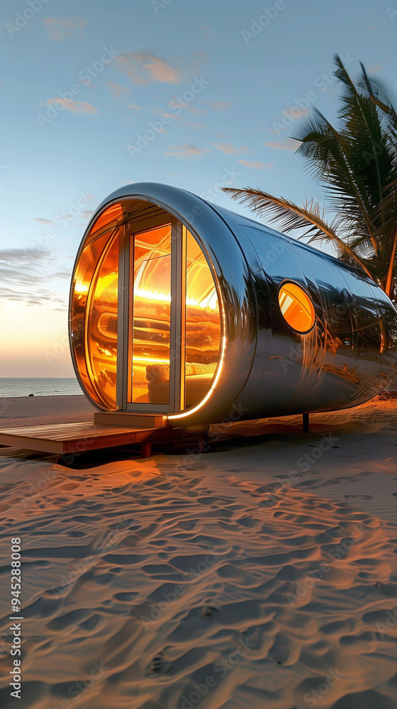 Modern, futuristic, pod-shaped structure on a sandy beach at sunset ...