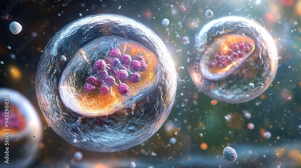 A 3D illustration of a cell undergoing mitosis, with chromosomes ...