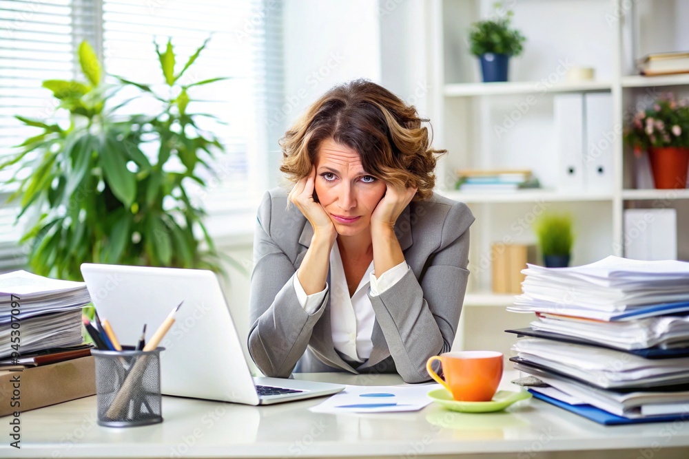 Exasperated female sits at a cluttered desk, surrounded by paperwork ...