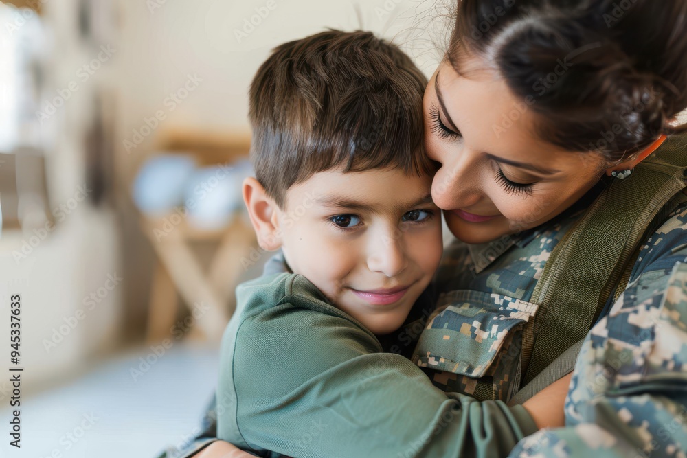 soldier mom gives preteen son big hug Stock Photo | Adobe Stock