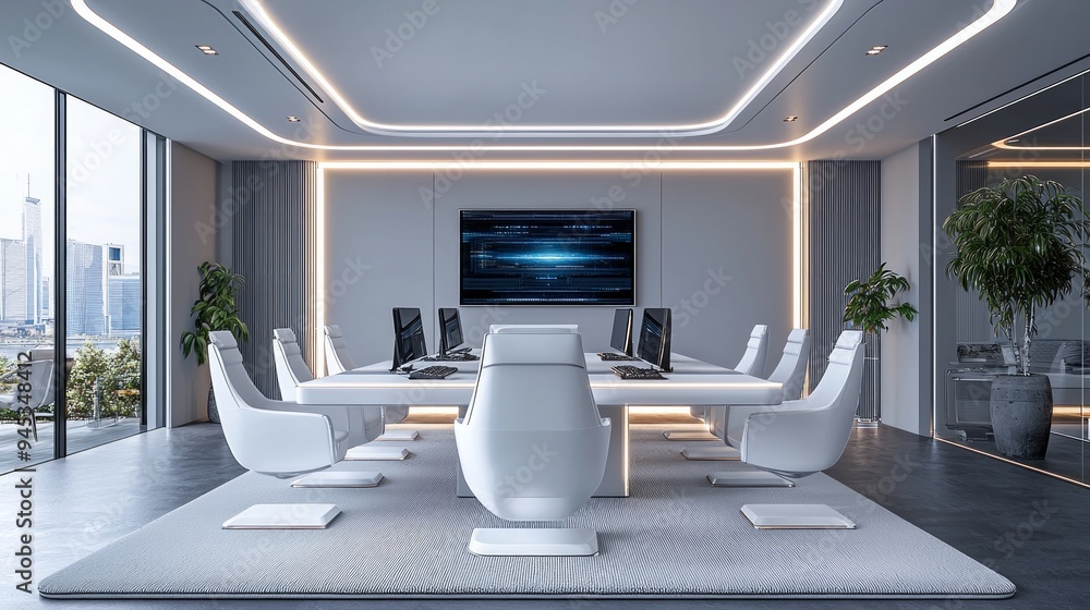 Photo Stock Dispetcher room with white chairs and an LED screen on wall ...
