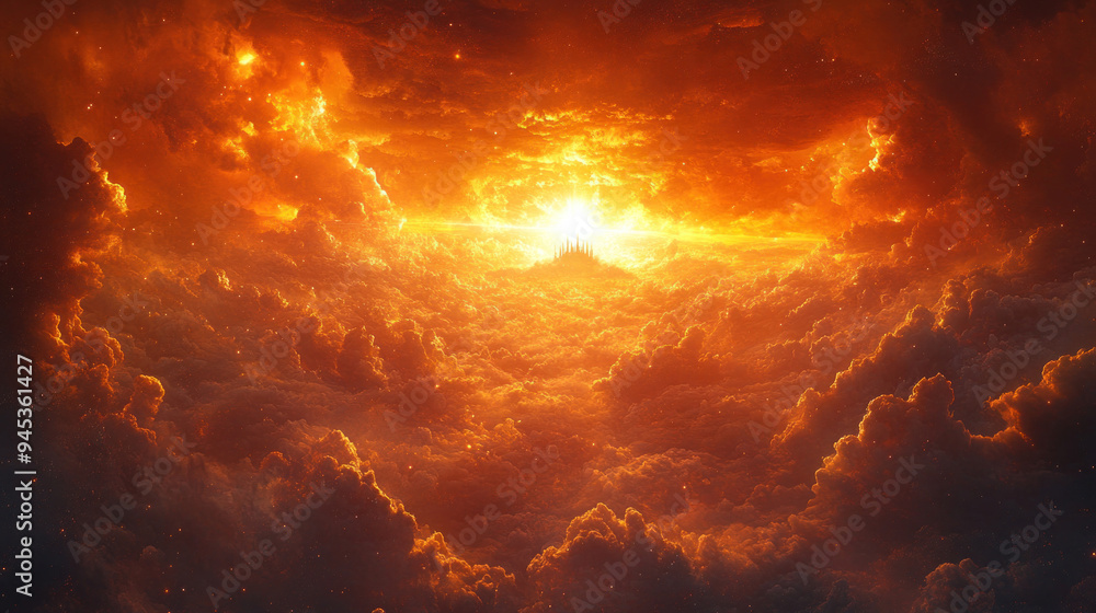 A sublime scene of God throne in the heavenly realms, with Jesus Christ ...