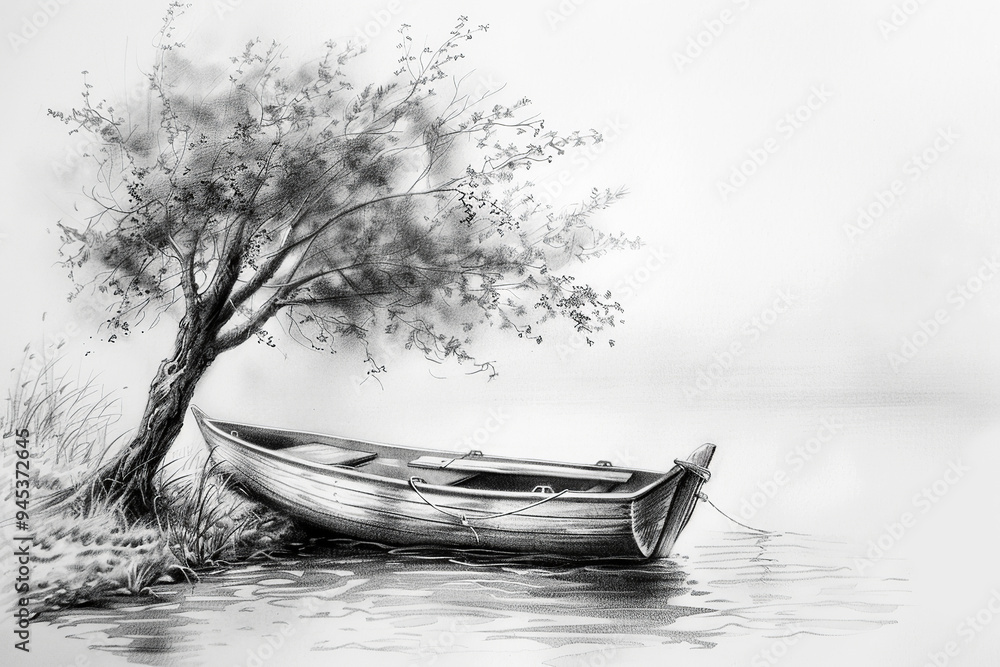 Boat on water under tree, pencil sketch of nature Stock Illustration ...