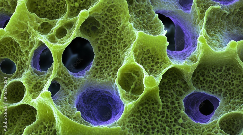 This colorized electron microscope image shows some green and blue ...